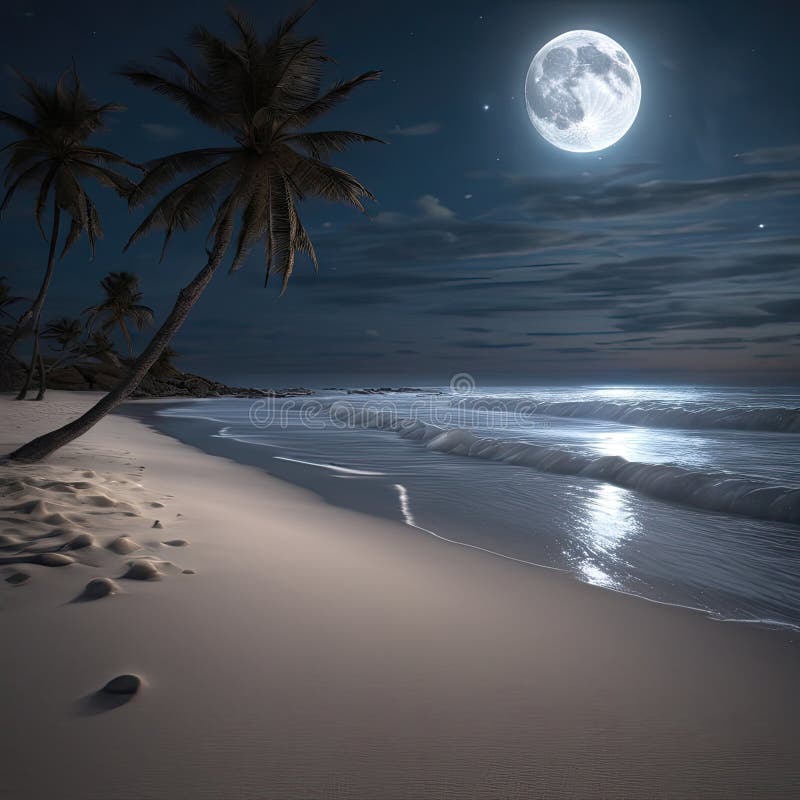 A Tropical Island by Night with a Full Moon, AI Generated Stock ...