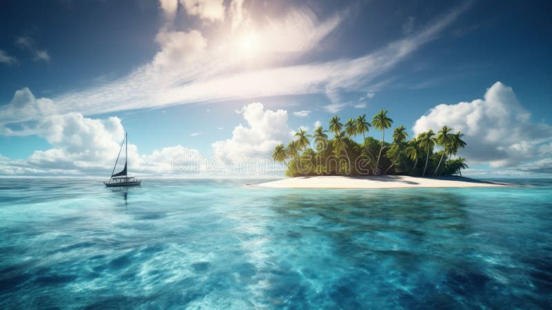 Tropical Island in the Ocean with Palm Trees and Clear Water Created ...