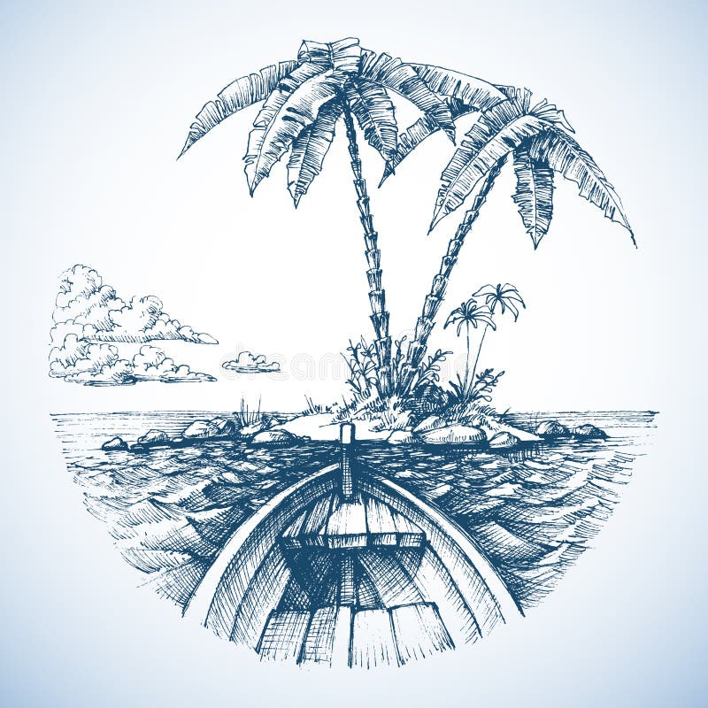 Tropical Island Pencil Drawing