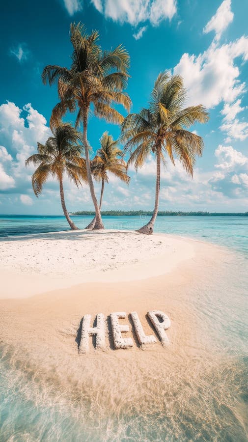Tropical Island with Palm Trees and Help Written in Sand, Stranded ...