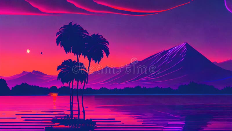 Tropical Island with Palm Trees and Sunset. Colorful. Retrowave Style ... Tropical Island with Palm Trees and Sunset. Colorful. Retrowave Style ...