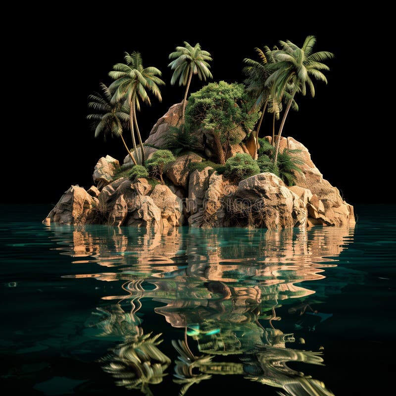 Tropical Island with Palms and Reflection in Water - 3d Render. Stock ...