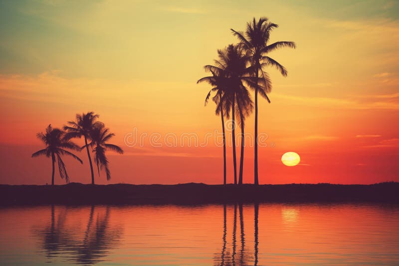 Tropical Island with Palms and Sunset. Retro Photo. Stock Illustration ...
