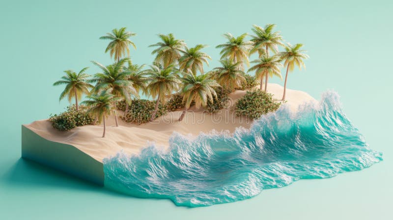 Tropical Island Paradise: 3D Render of a Miniature Beach Scene Stock ...