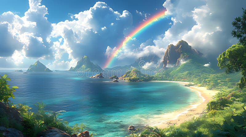 Tropical Island Paradise with Rainbow, Beach, Ocean, and Lush Greenery ...