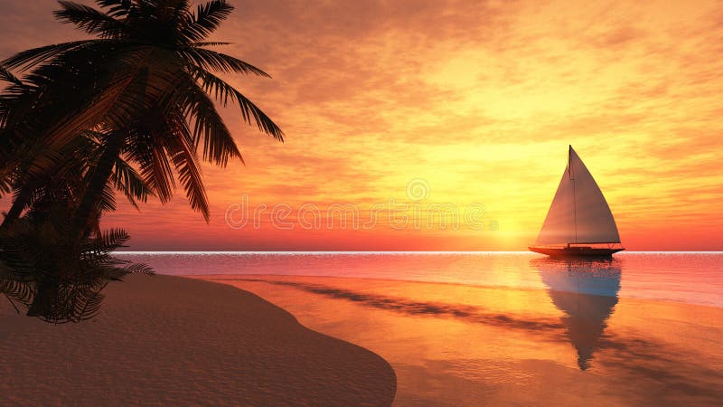 Tropical Island with Sailboat Stock Illustration - Illustration of ...