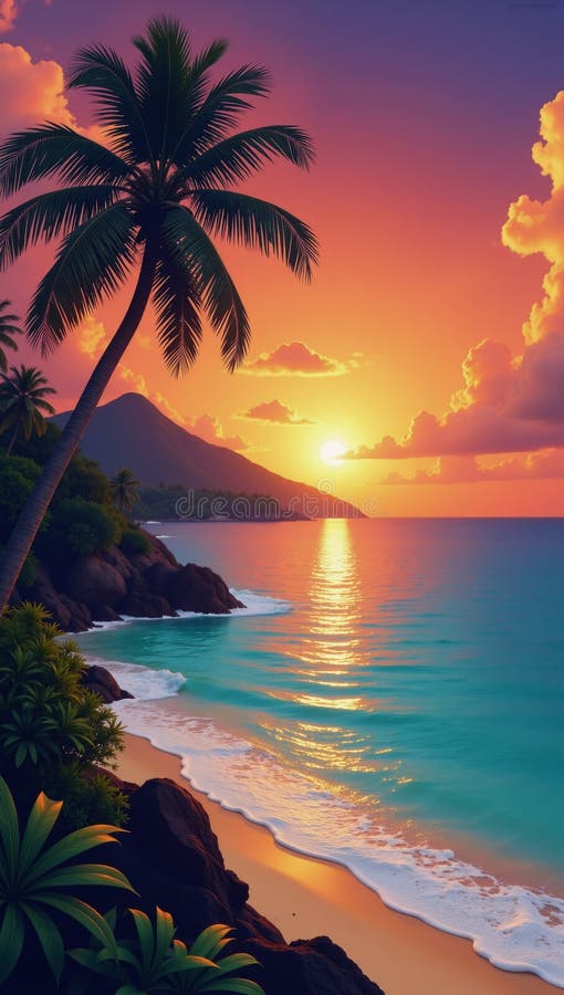 Tropical Island Setting with Palm Trees at Sunset and Seaside ...