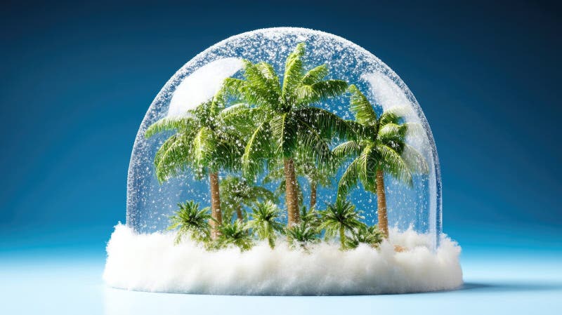 Tropical Island in Snow Globe with Palm Trees and Blue Sky Stock Image ...