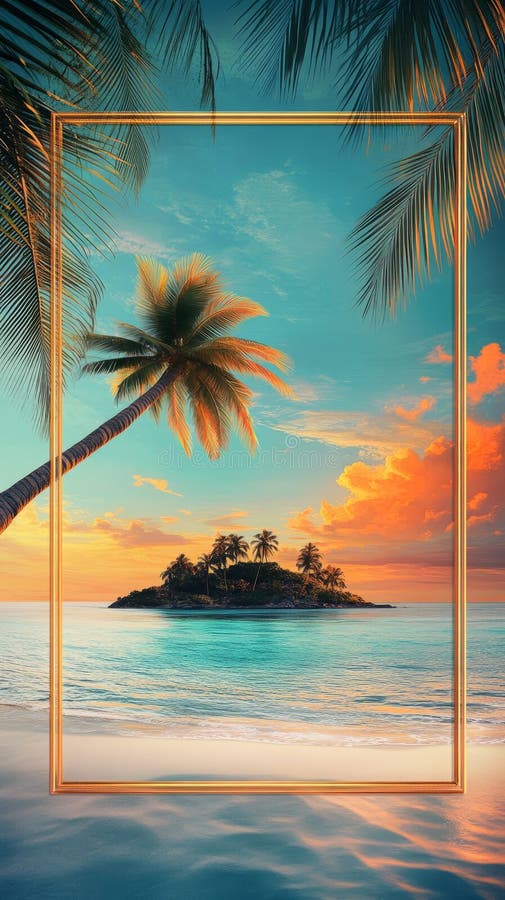 Tropical Island Sunset with Palm Trees and Golden Frame Stock ...