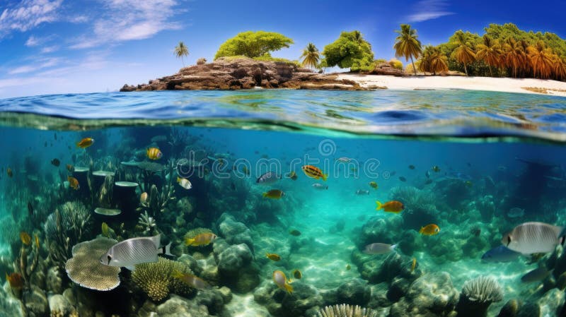 Tropical Island and Underwater Coral Reef Split View Stock Illustration ...