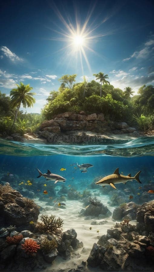 Tropical Island with Underwater Life. Mobile Wallpaper Background Stock ...