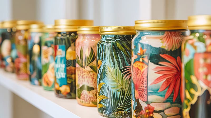 Tropical Jam Jars with Hand-painted Labels. Stock Image - Image of ...