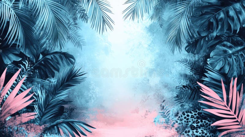 Tropical Jungle with Blue and Pink Foliage and Misty Background Stock ...