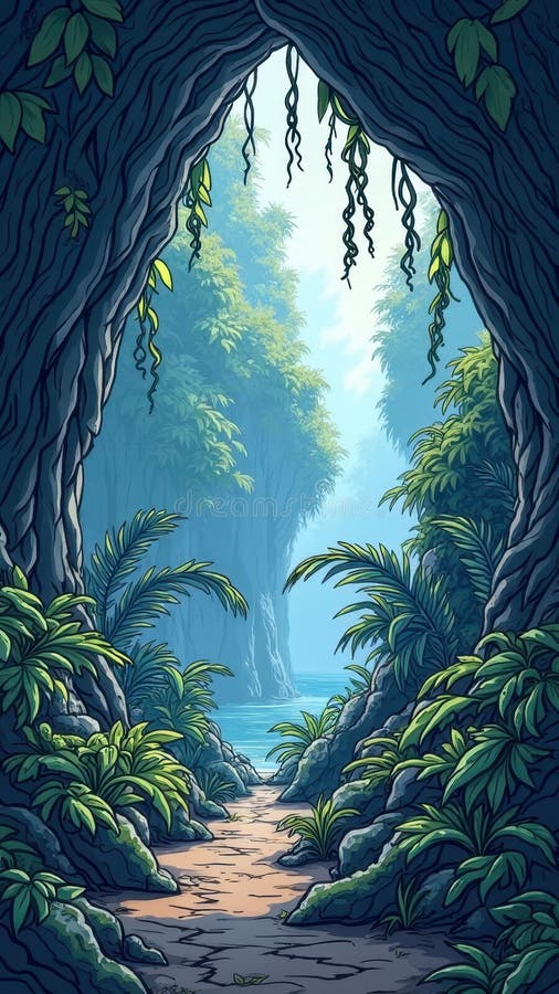 Tropical Jungle Cave with Lush Greenery and Ocean View Stock Image ...