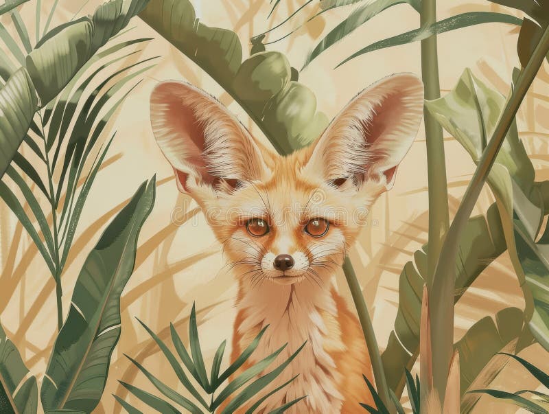 Tropical Jungle with Curious Fox Stock Illustration - Illustration of ...