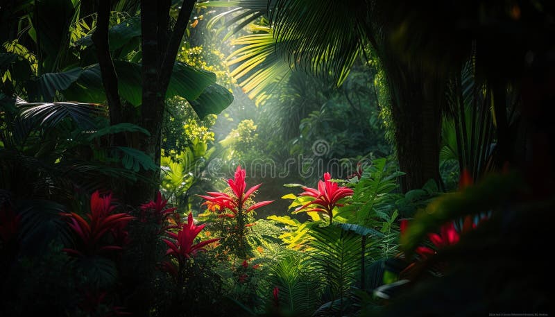 Tropical Jungle Forest with Colorful Flowers in the Foreground Stock ...