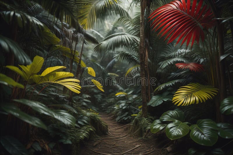 Tropical Jungle with Palm Trees and Path, Generative Ai Stock ...