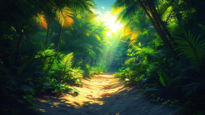 Tropical Jungle Path with Sunlight Piercing through Trees Stock ...
