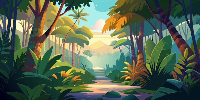 Tropical Jungle Pathway with Lush Vegetation and Sunrise Stock Vector ...