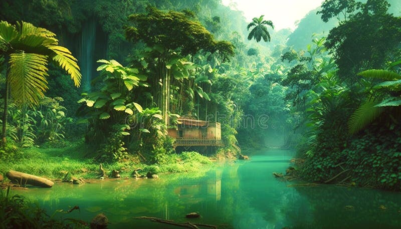 Tropical Jungle with River. Green Scenery of Paradise Forest Stock ...