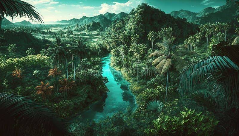 Tropical Jungle with River. Green Scenery of Paradise Forest Stock ...