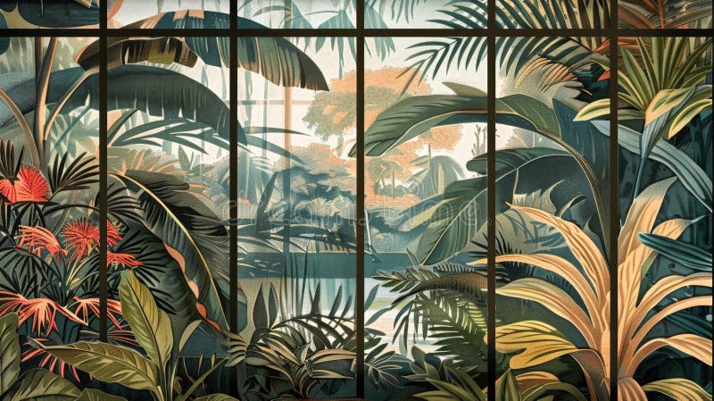 Tropical Jungle Scenery through Glass Window Panels Stock Photo - Image ...