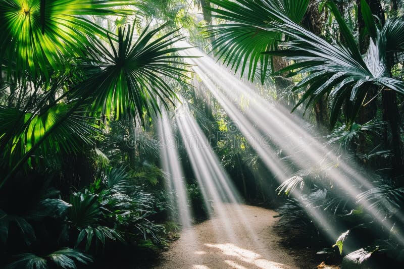In a Tropical Jungle, Sunlight Filters through the Trees, Lighting Up a ...