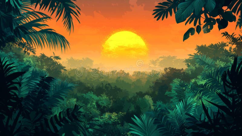 Tropical Jungle Sunset: Orange and Yellow Sun Stock Illustration ...