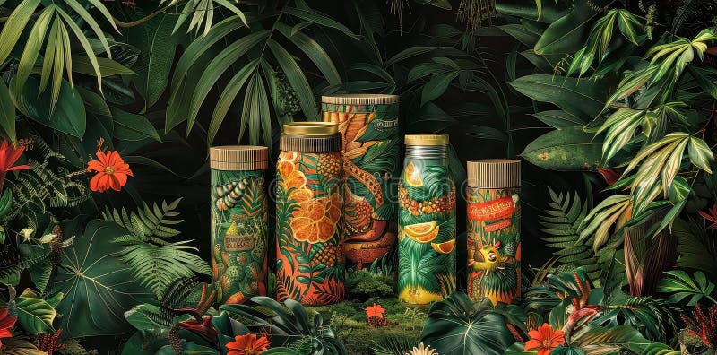 Tropical Jungle Themed Bottles with Vibrant Floral Patterns Stock ...