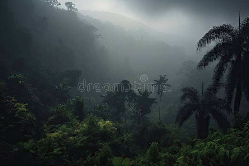 Tropical Jungle with Thick Mist, Surrounded by Thunderstorm Stock ...