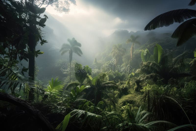 Tropical Jungle with Thick Mist, Surrounded by Thunderstorm Stock ...