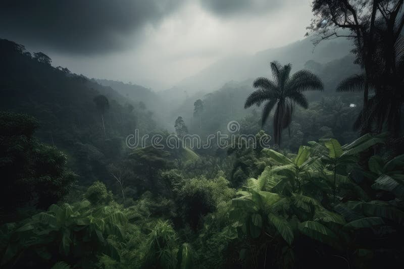 Tropical Jungle with Thick Mist, Surrounded by Thunderstorm Stock ...