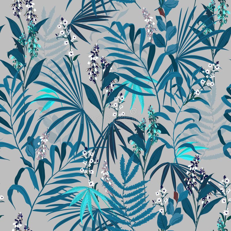 Tropical Jungle Vector Seamless Pattern Create from Monotone Blu Stock ...
