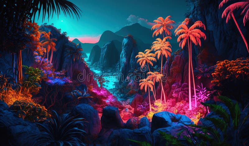 Tropical Jungle in Vibrant Gradient Neon Colors. Synthwave Rain Forest ...