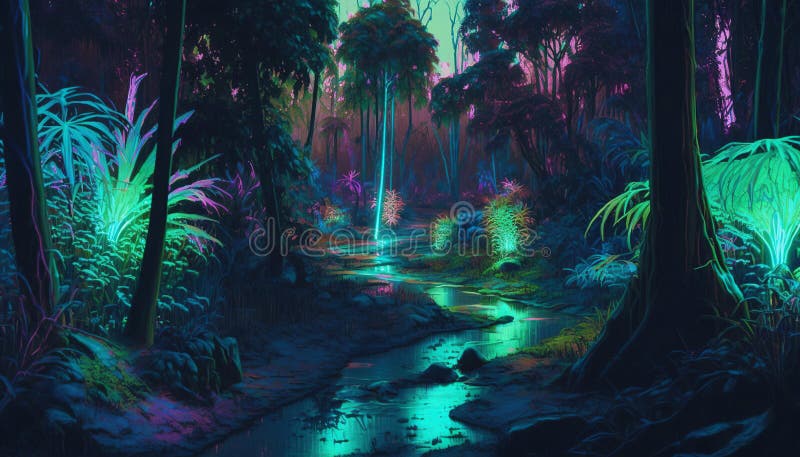 Tropical Jungle in Vibrant Gradient Neon Colors. Synthwave Rain Forest ...