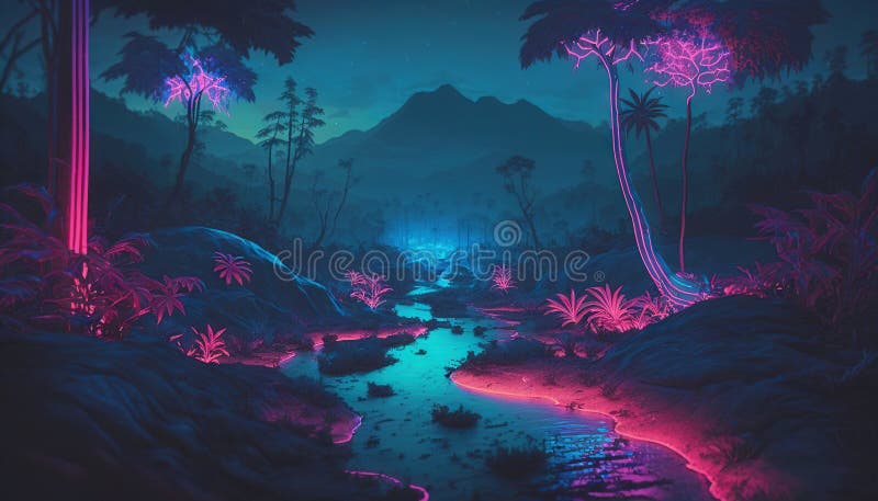 Tropical Jungle in Vibrant Gradient Neon Colors. Synthwave Rain Forest ...