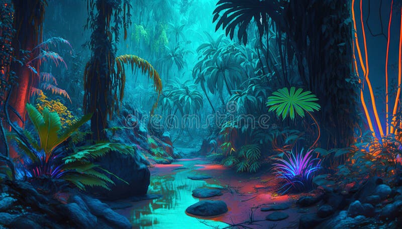 Tropical Jungle in Vibrant Gradient Neon Colors. Synthwave Rain Forest ...