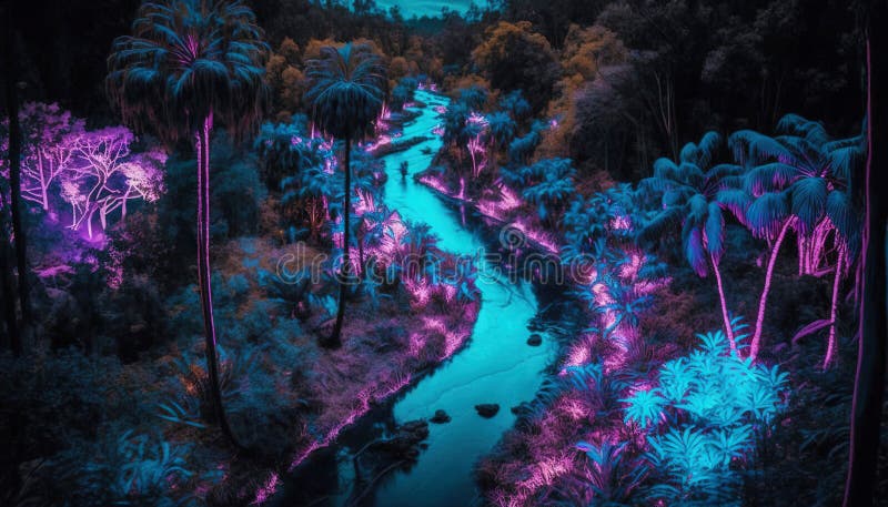 Tropical Jungle in Vibrant Gradient Neon Colors. Synthwave Rain Forest ...