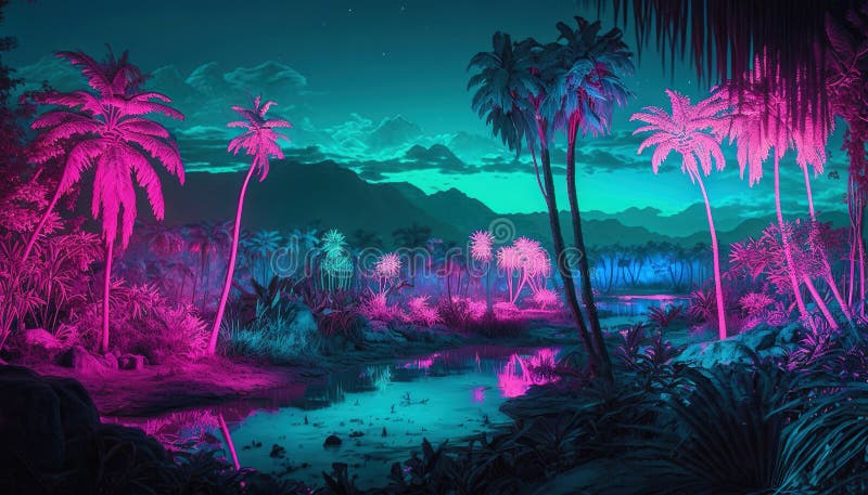 Tropical Jungle in Vibrant Gradient Neon Colors. Synthwave Rain Forest ...