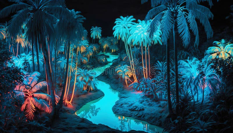 Tropical Jungle in Vibrant Gradient Neon Colors. Synthwave Rain Forest ...