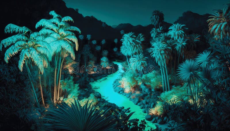 Tropical Jungle in Vibrant Gradient Neon Colors. Synthwave Rain Forest ...