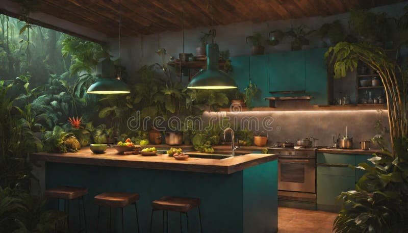 A Tropical Kitchen with Neon Lights Simulating a Rainforest Stock ...