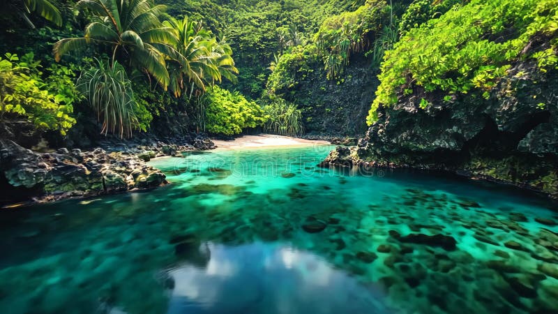 A Tropical Lagoon Surrounded by Rugged Cliffs Covered in Dense Greenery ...