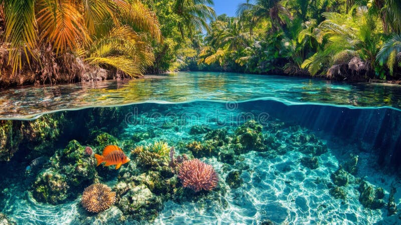 Tropical Lagoon with Underwater View Revealing Coral Reef and Fish ...