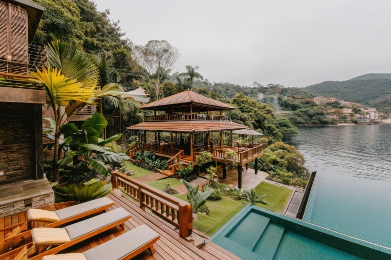 Tropical Lakeside Villa with Infinity Pool and Lush Greenery Stock ...