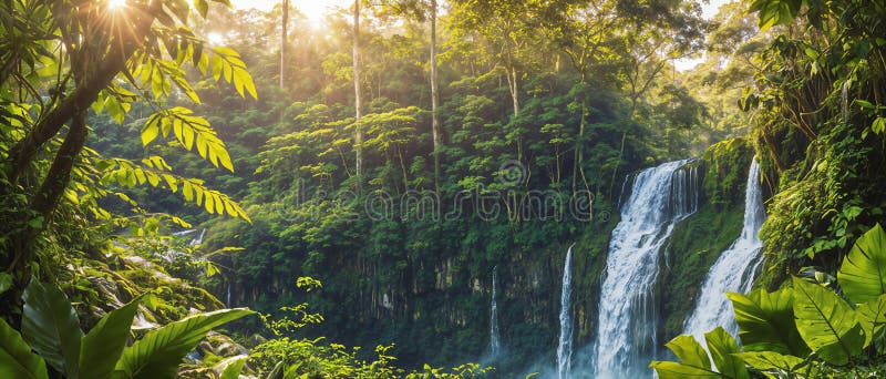 Tropical Landscape, Banner - View of a River with a Waterfall in a ...