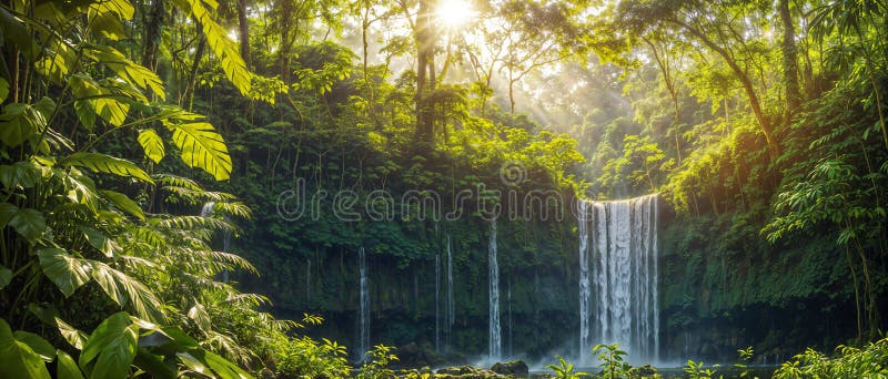 Tropical Landscape, Banner - View of a River with a Waterfall in a ...