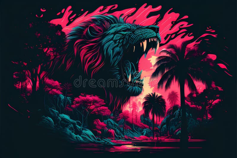 Tropical Landscape with a Lion and Palm Trees. Vector Illustration ...