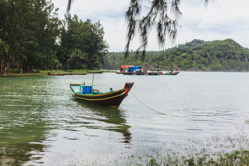 Tropical Landscape with River and Boat Stock Image - Image of daytime ...