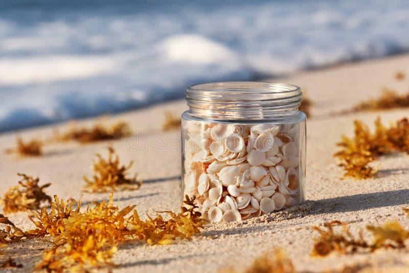 Tropical Landscape of Sandy Beach and Glass Jar with Shells Stock Photo ...